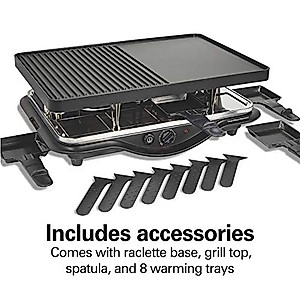 Hamilton Beach Electric Indoor Raclette Table Grill, 200 sq. in. Nonstick Griddle Serves up to 8 People for Parties and Family Fun, Includes 8 Warming Trays, Black (31612-MX)