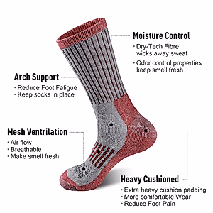 ECOEY Men's Merino Wool Cushioned Hiking Trekking Crew Socks 4 Pairs, Middle Calf Length with Moisture Wicking (Wine, US Shoe Size: Men 9.5-11.5/Women 11-13)
