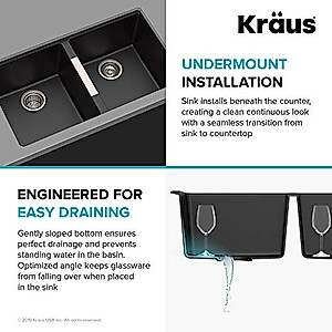 Kraus KGU-434B Undermount 50/50 Double Bowl Granite Kitchen Sink, 32.5-Inch, Black