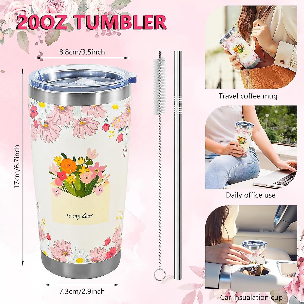 Icesip 20oz Inspirational Stainless Steel Tumbler with Straw & Brush - Best Friend Friendship, Holiday and Christmas Gifts, For Women Tumblers,Leakproof Travel Mug