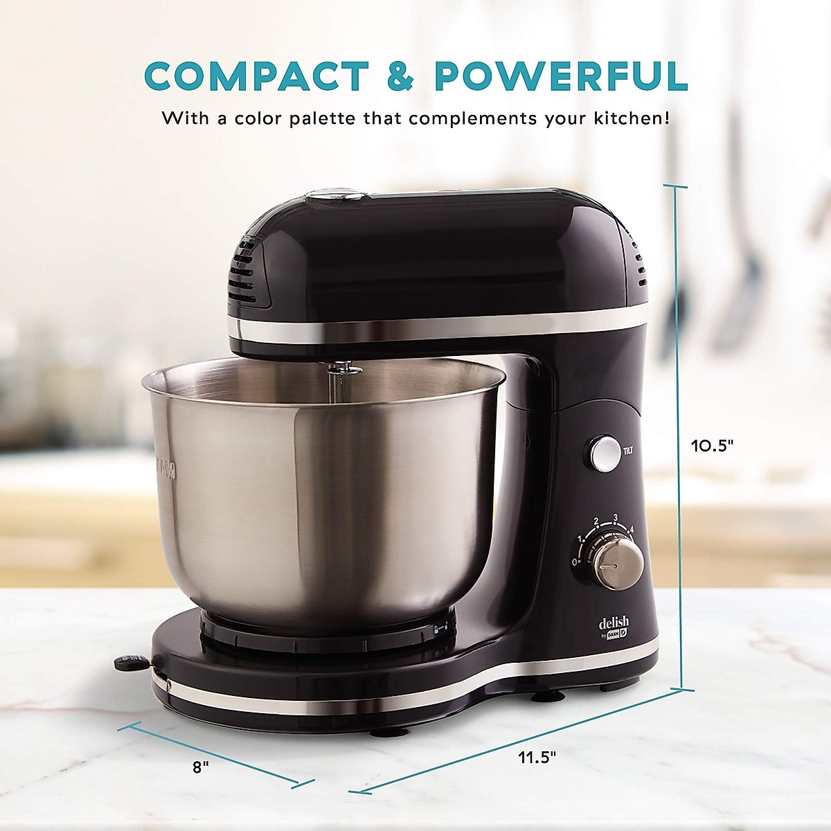 DASH Delish by DASH Compact Stand Mixer, 3.5 Quart with Beaters & Dough Hooks Included - Black