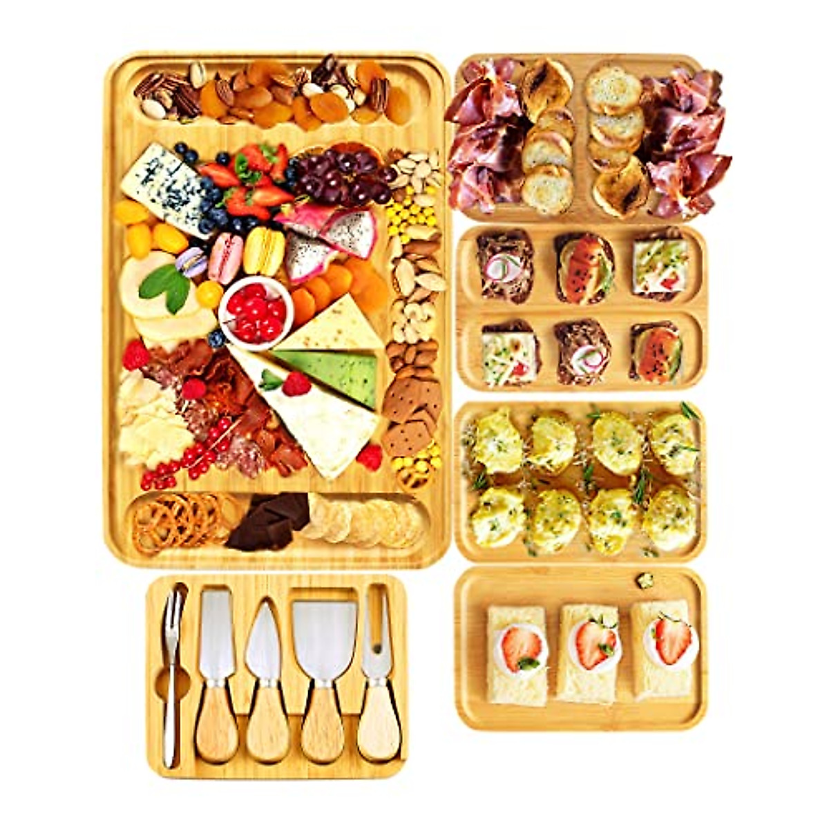 Bamboo Cheese Board, 5 Piece Large Charcuterie Boards and Knife Set - House Warming Gifts New Home, Wedding Gifts for Couple, Party Serving Platter, Anniversary Birthday Christmas Present for Women