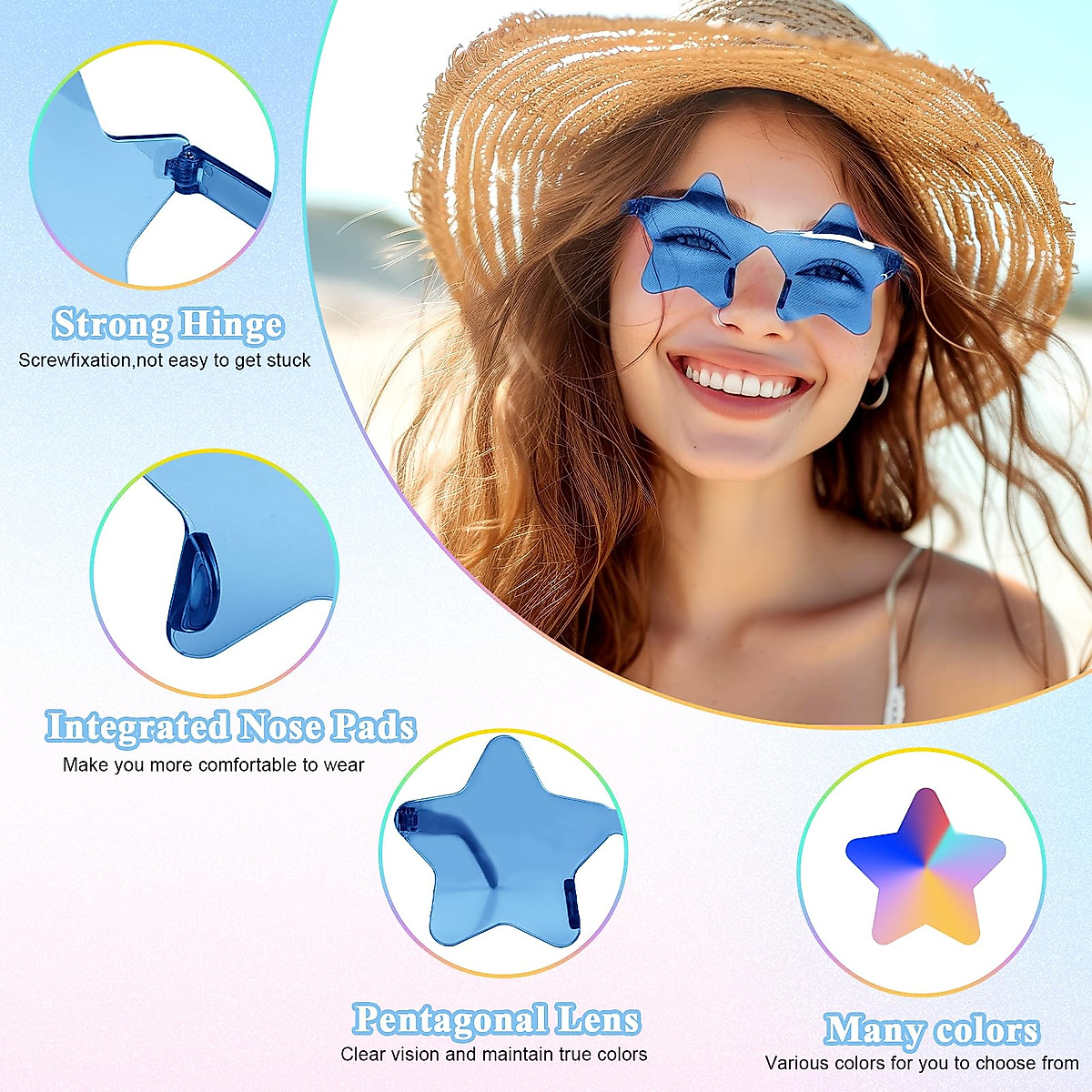 NACHLYNN 12 Pcs Rimless Star Shaped Sunglasses Light Blue Transparent Sunglasses Pentagram Glasses for Party Favor Cosplay