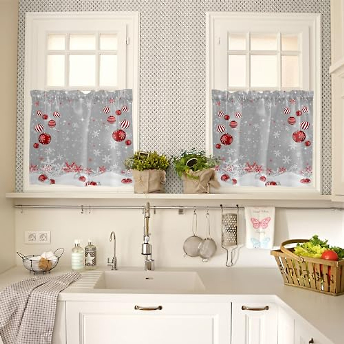 Red Christmas Balls Kitchen Curtain Tier Curtains 24 Inch Long 2 Panels Set, Rod Pocket Window Curtain Drapes Cafe Window Treatments for Living Room Bedroom Romantic Winter Snowflakes Grey Backdrop