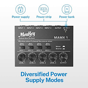 Moukey Mini Audio Mixer Line Mixer, DC 5V, 4-Stereo Ultra, Low-Noise 4-Channel for Sub-Mixing, for Small Clubs or Bars, As Guitars, Bass, Keyboards Mixer, 2021 New Version-MAMX1