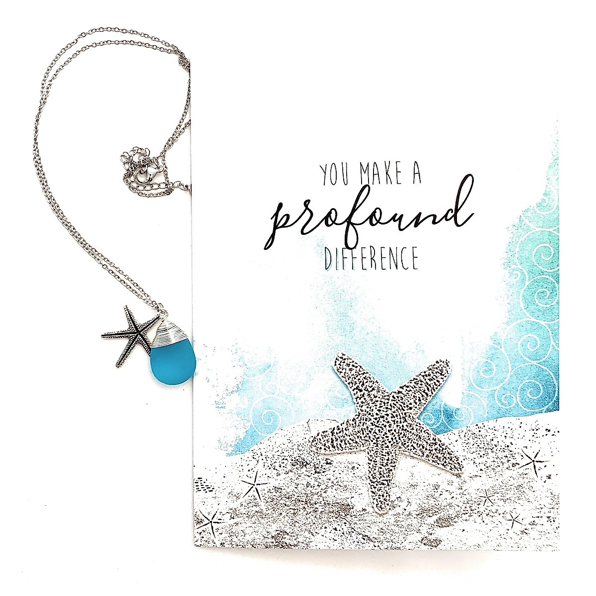 Smiling Wisdom - The Starfish Story - You Make a Profound Difference Greeting Card and Necklace Gift Set - Women (Handmade Coil, Sea Glass)