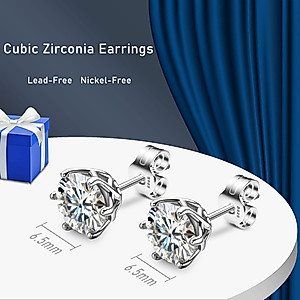NEOSHOW 18K White Gold Plated Brilliant Cut Simulated Diamond Cubic Zirconia Sterling Silver Hypoallergenic CZ Stud Earrings for Women Men 6 Prongs Setting