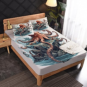 zcsm Octopus Sheets Full Size - Kraken Bed Sheets, Soft Microfiber & Deep Pocket & Wrinkle Free Patterned Bedding Sheets & Pillowcases, 4 Piece (1 Fitted Sheet, 1 Flat Sheet, 2 Pillow Cases)
