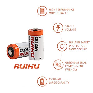 RUIHU CR123A Lithium Battery, 10 Pack 3V 1500mAh Lithium Manganese Dioxide(Li-MnO2) Battery for Flashlight Alarm Smart Sensor Microphones, Non-Rechargeable