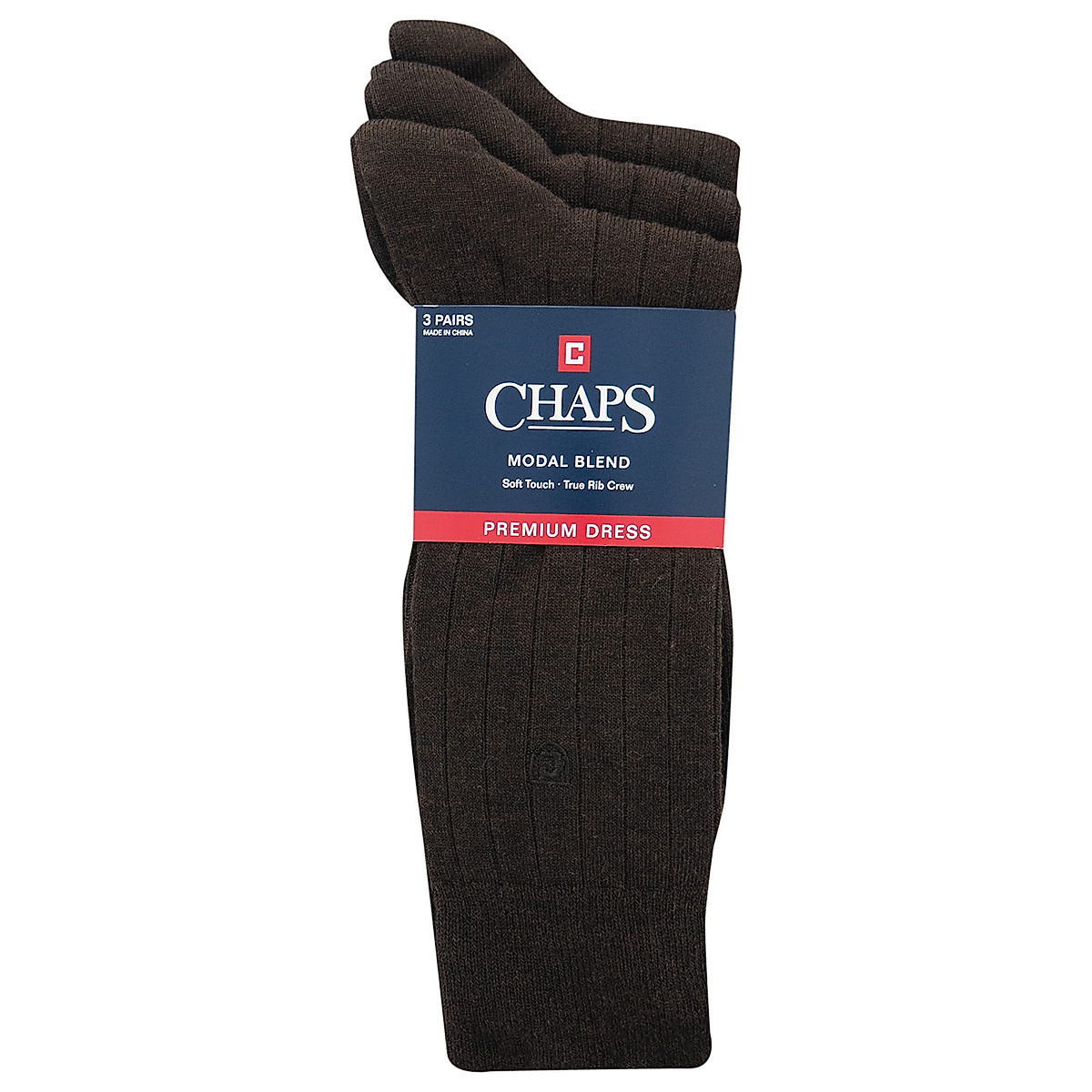 Chaps Men's Solid Rib Casual Crew Socks with Embroidered Logo (Pack of 3), Brown, Shoe Size 6-12/Sock Size 10-13