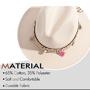 Gossifan Women's Felt Fedora Hat Wide Brim Panama Hats with Tassel-Beige