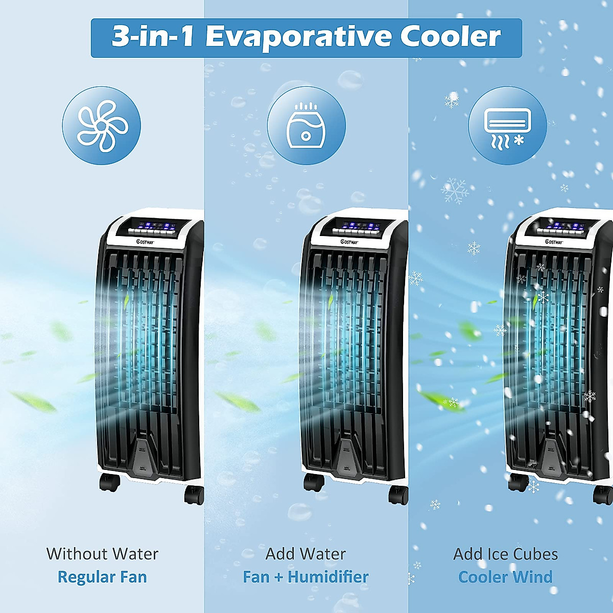 COSTWAY Evaporative Cooler, Portable Cooling Fan with Remote Control, 3-Mode, 3-Speed and 7.5H Timer Function, Include Ice Crystal Boxes, Water Tank and Casters, Bladeless Cooler for Home Office