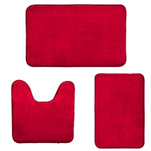 Red Bathroom Rugs Comfort Memory Foam 3 Piece Non-Slip Bath Mats, Absorbent Shaggy Rugs, Machine Wash, Perfect Plush Bathroom Mats, Bathroom Carpets Set with U-Shaped Toilet Bath Mats