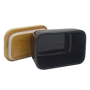 Arswin Butter Dish with Lid, Porcelain Keeper with Wood Lid Cover for Butter, Microwave Safe Easy Clean Butter Storage Container for Countertop and Refrigerator (Black 10oz)