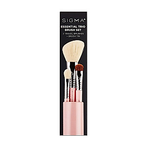 Sigma Beauty Travel Essential Trio - Makeup Brush Set for Foundation Powder Eyeshadow - 3 Tool Brushes with Brush Tin Holder - - Skin Safe, Vegan Makeup Brushes for Travel - Light Pink