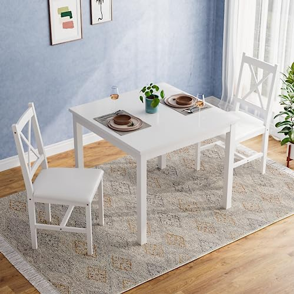 Dining Chair Set Of 2, Kitchen Dining Room Chair with PU Upholstered Seat, Farmhouse Modern Wood Chairs with Backrest for Restaurant, Living Room, Kitchen, X-Back Design, Easy Assembly (White, 2 PCS)