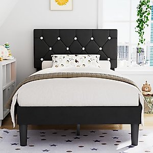 VECELO Twin Size Bed Frame, Upholstered Platform with Adjustable Diamond Tufted Headboard, Wood Slat Support, No Box Spring Needed, Velvet Black