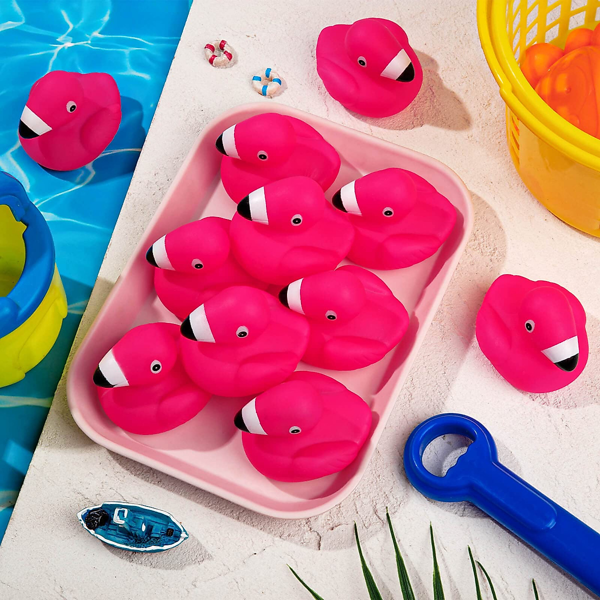 Flamingo Rubber Duckies for Kids, 12PCS Pink Flamingo Duck Bath Toys Cute Floating Squeaky Mini Rubber Ducks for Baby Shower, Cake Decoration, Classroom Carnival Prizes