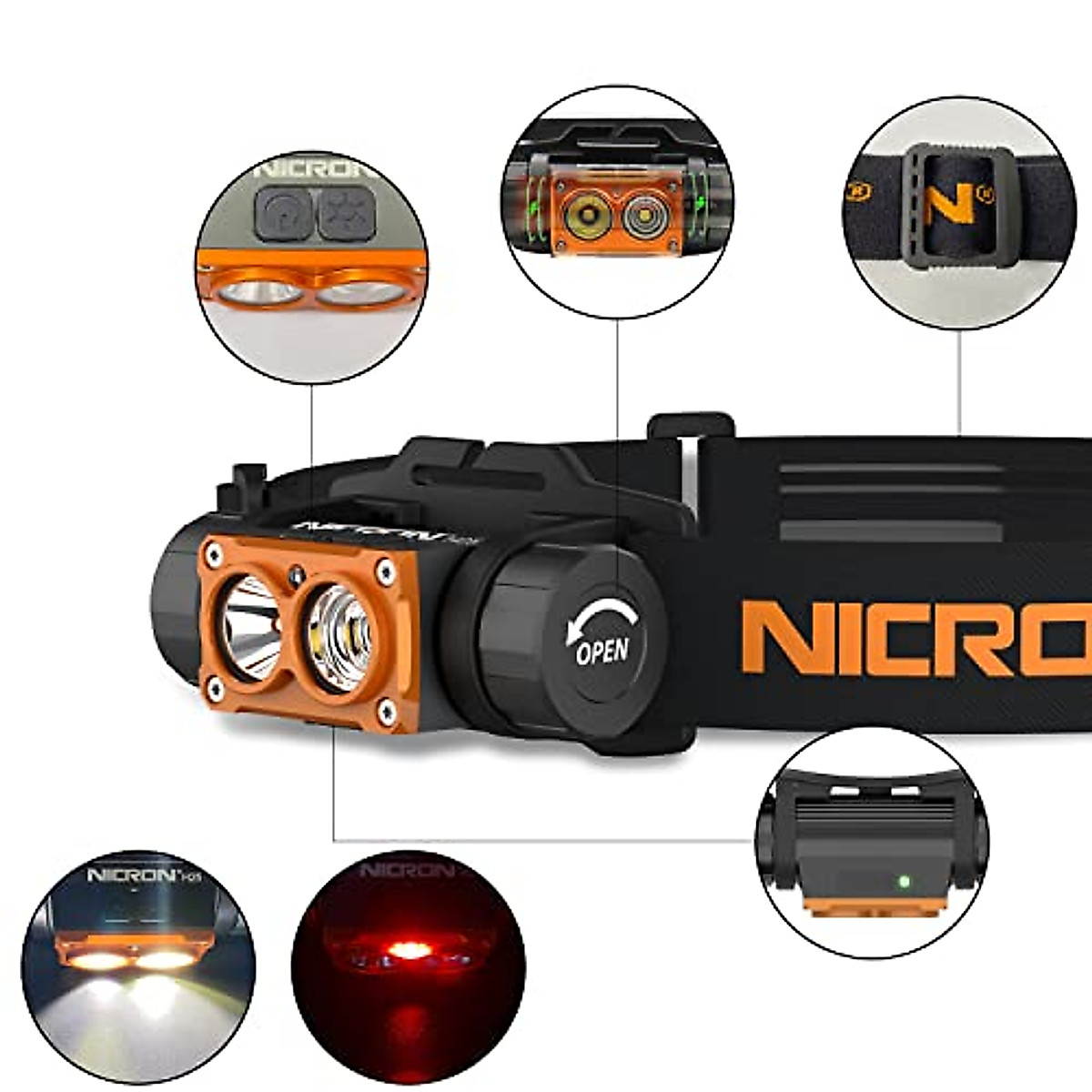 NICRON Rechargeable Headlamp, High Bright 1500 lumens 180° Rotating Aluminum LED Head Lamp with 3 Light Sources 10 Modes Waterproof Head Flashlight H25 for Camping Hunting Running Fishing Biking,Black