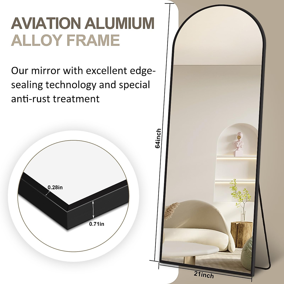 BOGDA 64"x21" Arched Full Length Floor Mirror with Stand, Aluminium Metal Frame for Wall Mounted Full Body Mirrors Leaning Body Hanging Wall Mirror for Bedroom Living Room Dressing Mirrors-Black