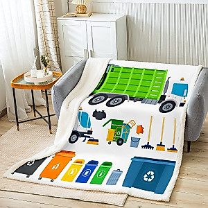 Erosebridal Kids Garbage Truck Blanket for Boys Room Decor, Green Truck Throw Blankets for Bed, Recycling Trash Can Dumpster Fleece Blanket, Waste Management Vehicle Fuzzy Blanket (40x50 Size)