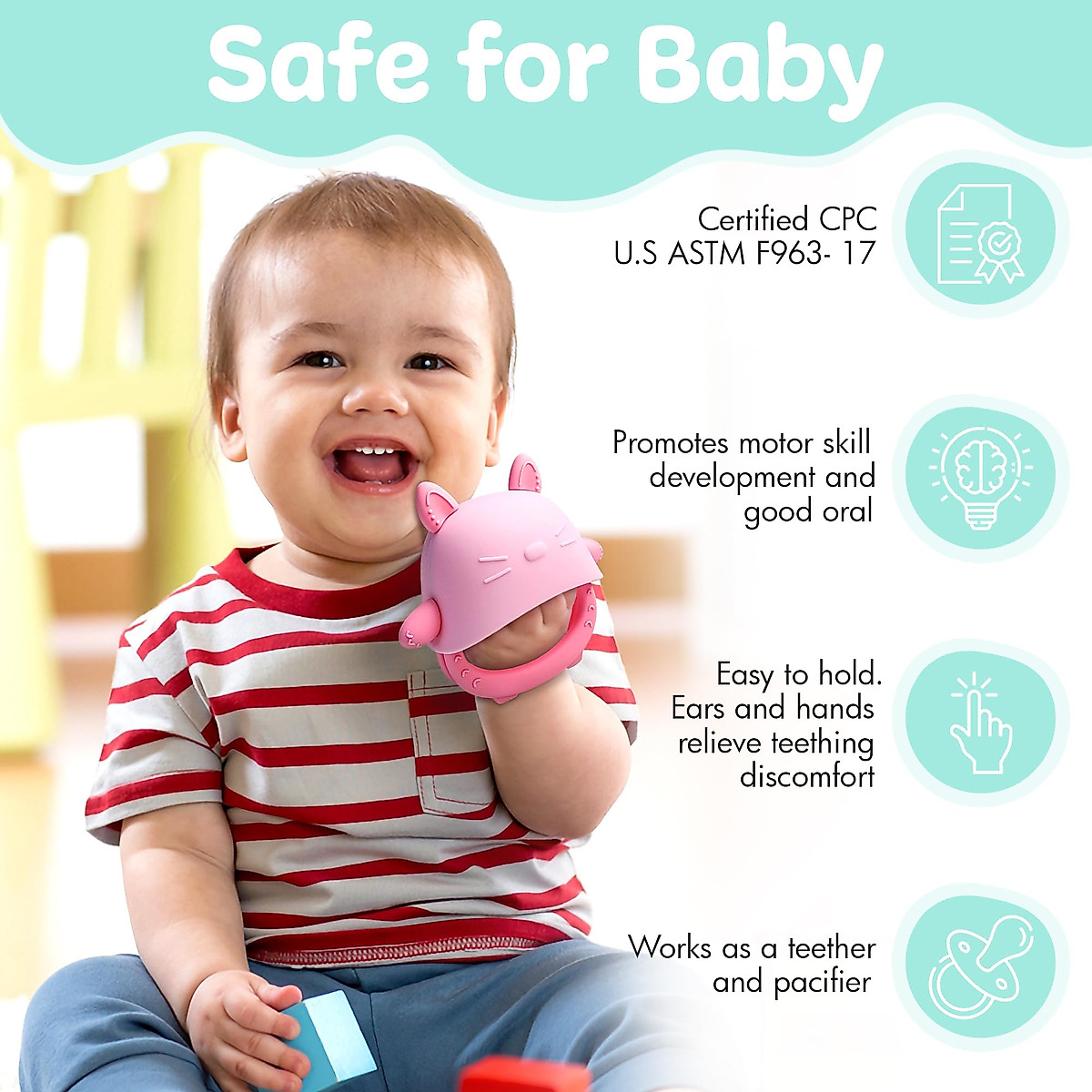 Gradient Mode Baby Teething Toy for 0-6 Months Infant Cat Buddy Never Drop, Infant Chews Toy Food Grade Soothing Relief Hand Teether Pacifiers for Breastfeeding Babies 3 Months + (Pink)