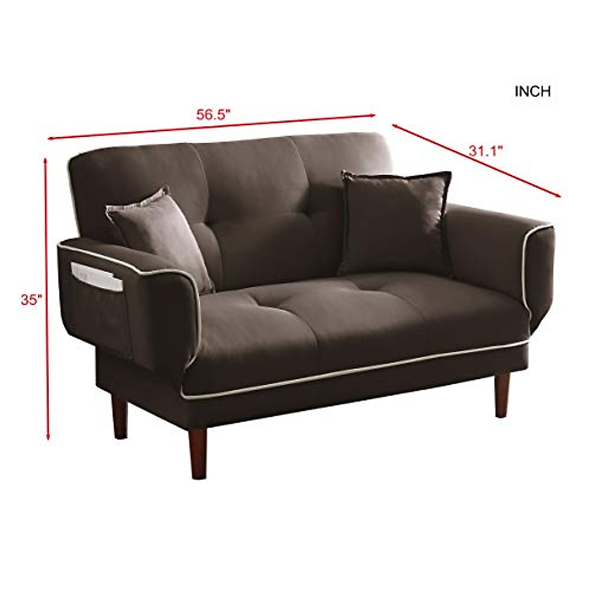 HLOLC Futon Sofa Bed with 2 Pillows, Loveseat Sleeper Sofa Convertible Futon Couch, Recliner Couch with Adjustable Armrest & Wood Legs, 5-Angle Backrest Living Room Sofa for Small Space (Brown)