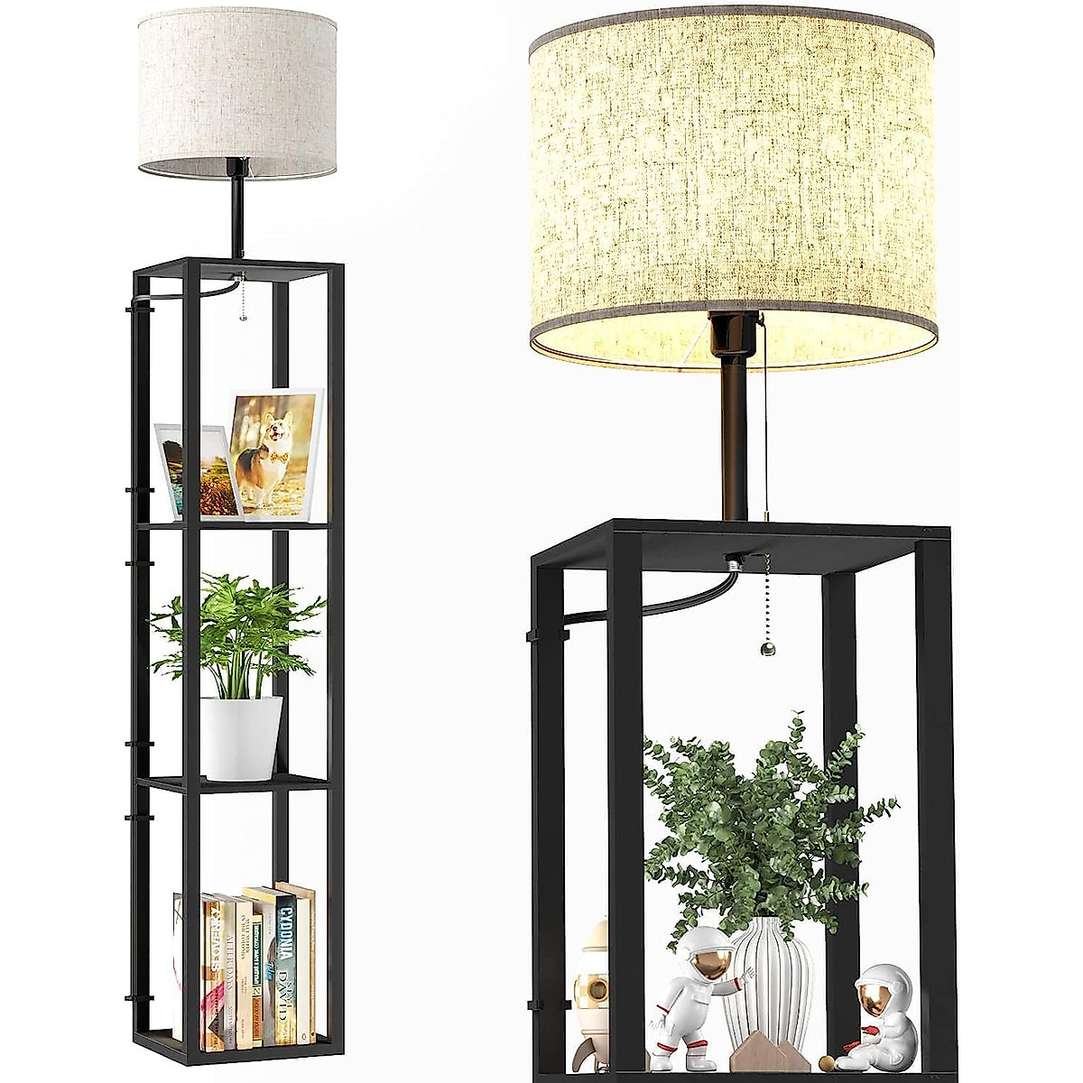 luckystyle Shelf Floor Lamp with Led Bulb, Corner Display Solid Wood Standing Lamp,White Linen Shade Column Floor Lamp with Shelves, 3 Tiered Storage Floor Lamps for Living Room, Bedroom Office