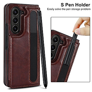 XIMAND for Samsung Galaxy Z Fold 5 Wallet Case with Credit Card Holder and S-Pen Holder,Fold Premium Leather Magnetic Clasp Kickstand Heavy Duty Protective Cover.(Brown)