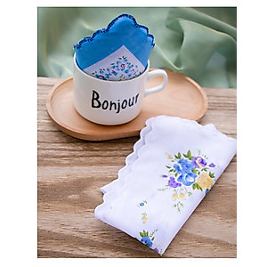 MZLIU Womens Girls Vintage Floral Cotton Handkerchiefs with Scalloped Edge Hankies 3PCS