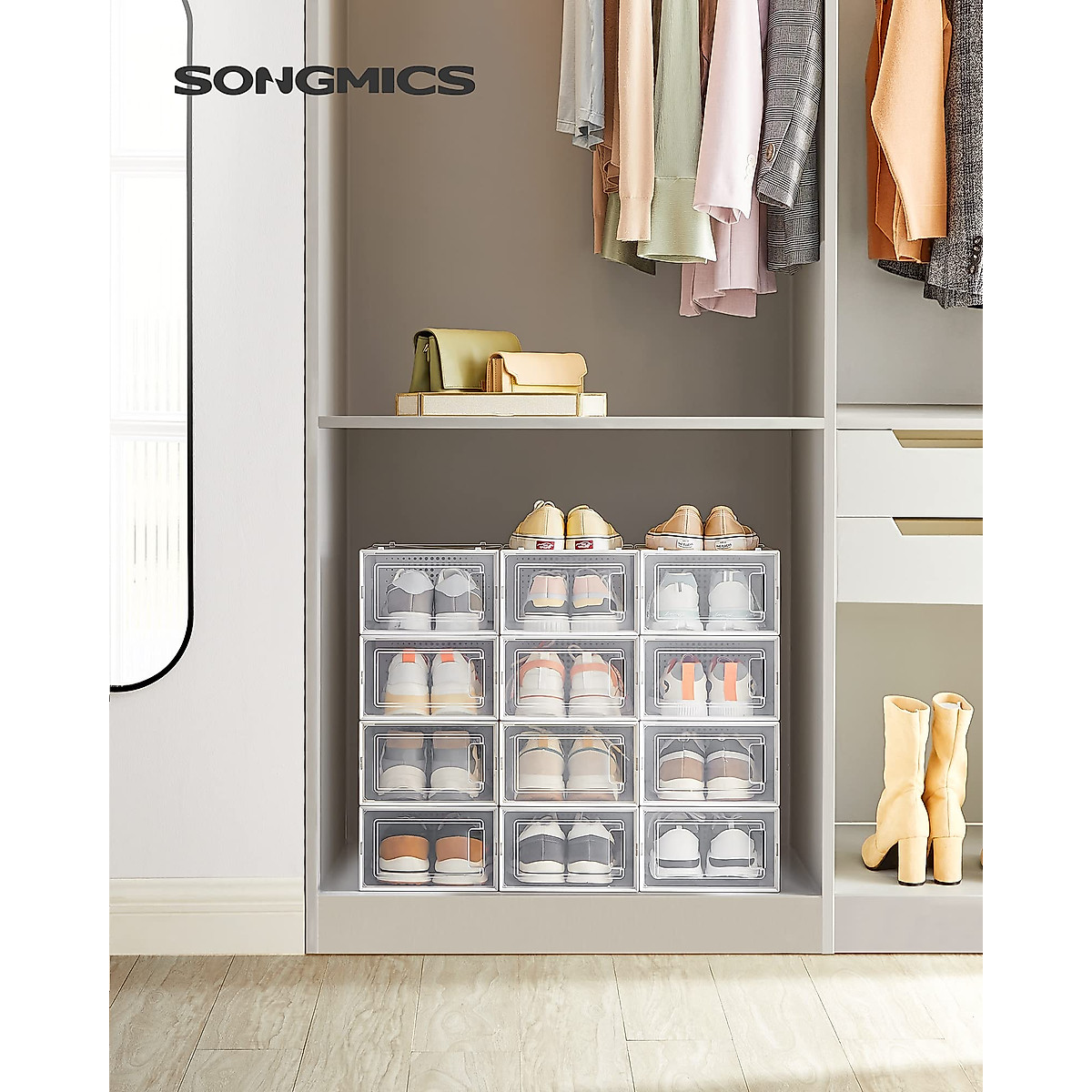 SONGMICS Shoe Boxes, Pack of 12 Shoe Storage Organizers, Stackable Clear Plastic Boxes for Closet, Sneakers, 9.1 x 13.1 x 5.6 Inches, Fit up to US Size 11, Transparent and White ULSP12SWT