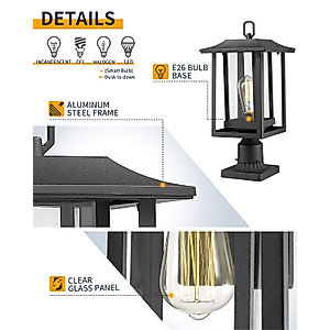 Beionxii Outdoor Post Lights, Large Exterior Lamp Post Light Fixture with Pier Mount Base, Black Cast Aluminum w/Clear Glass (19" x 9") - A197P-2PK