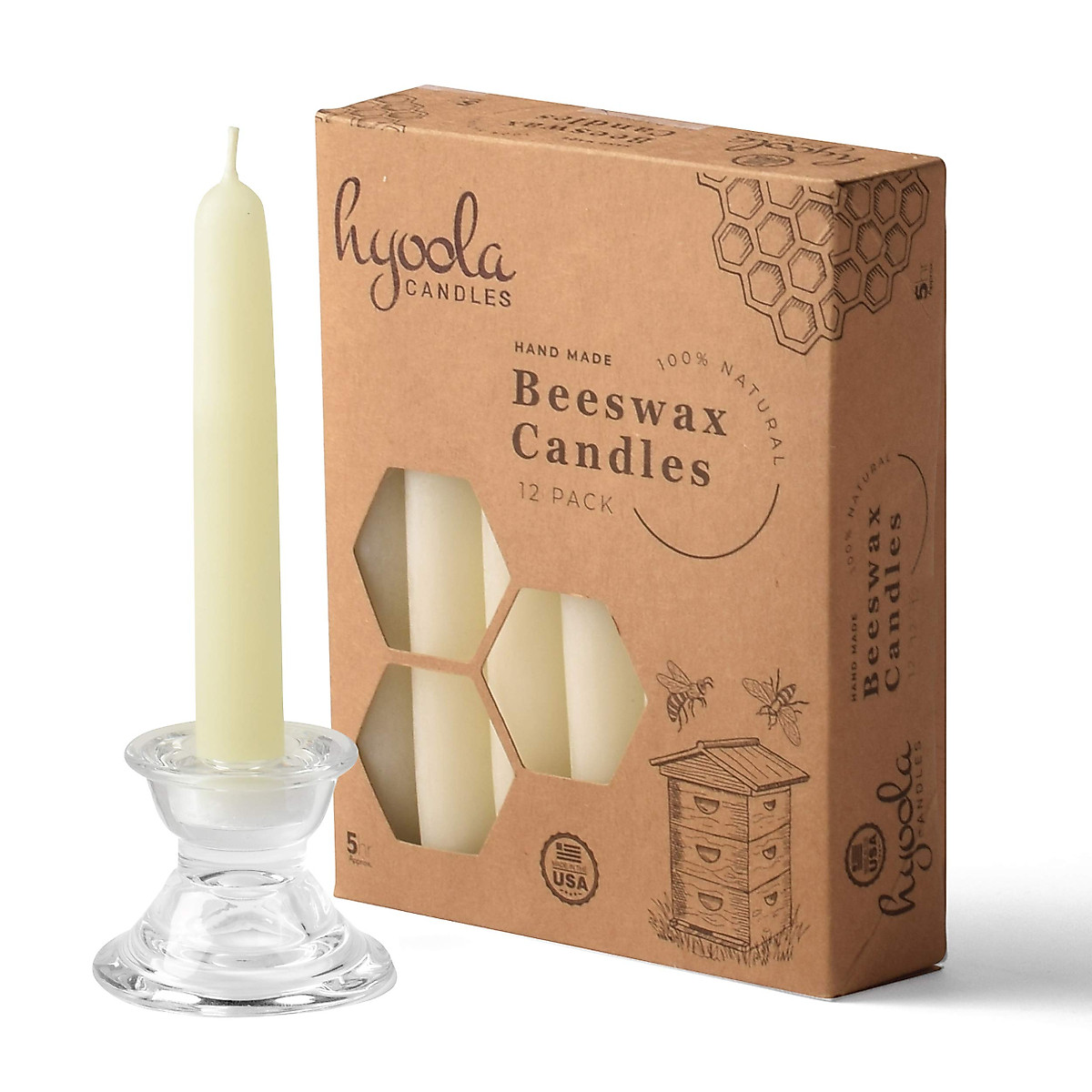 Hyoola 5" Beeswax Taper Candles 12 Pack - Handmade, All Natural, 100% Pure Unscented Bee Wax Candle - Tall, Decorative, White 5 Hour Burn Time