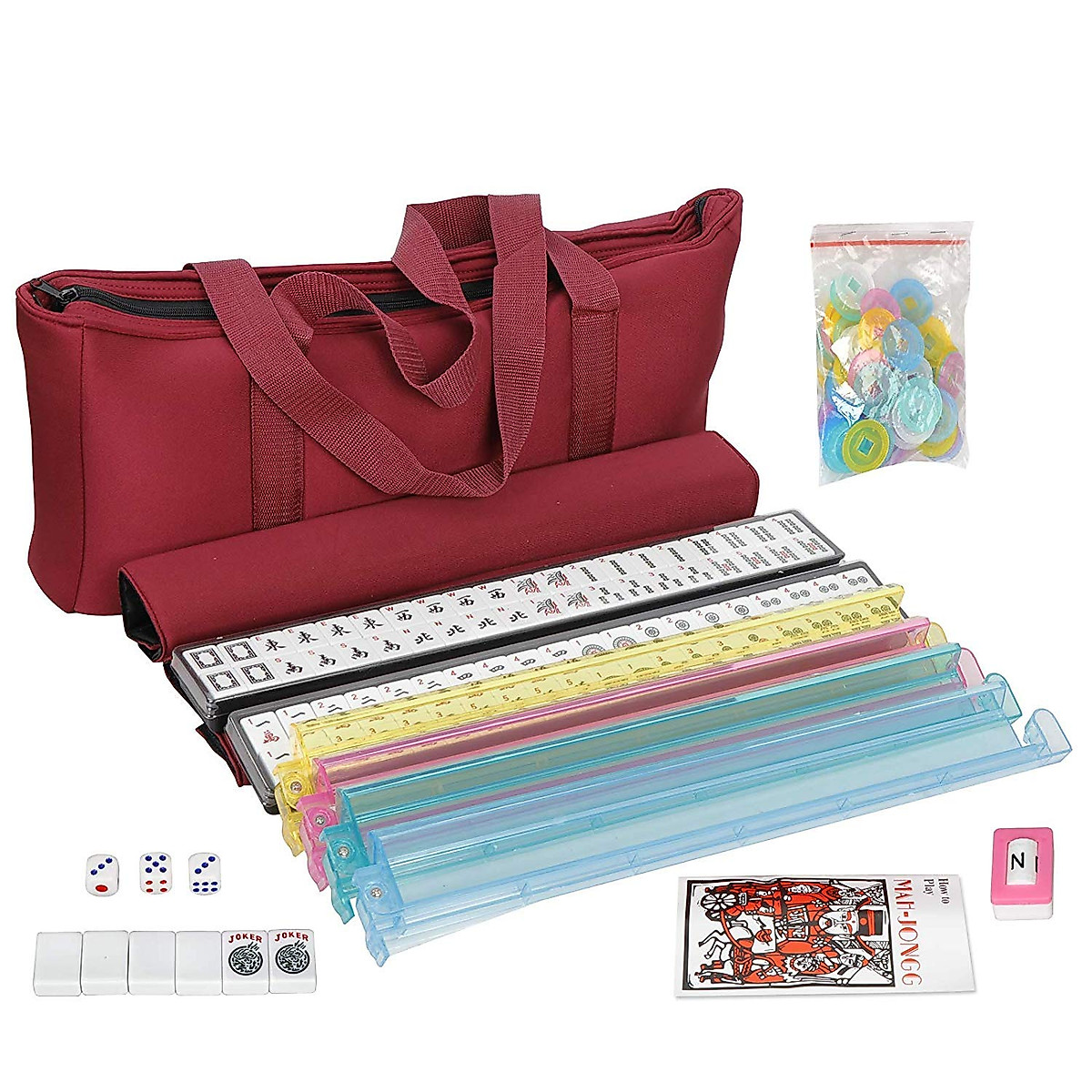 HNDTEK American Mah Jongg Mahjong Set 166 Tiles, 4 Colors All-in-One Rack/Pushers, Red Soft Bag and Accessories –Classic Full Size Complete Mahjongg Mah Jong Set