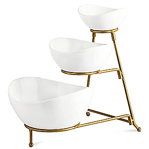 YHOSSEUN 3 Tier Serving Stand Oval Serving Bowl with Metal Rack, Tied Serving Tray Food Display Dessert Appetizer, Serving Bowl Fruit Chip Dip Bowl Set for Parties, Gold