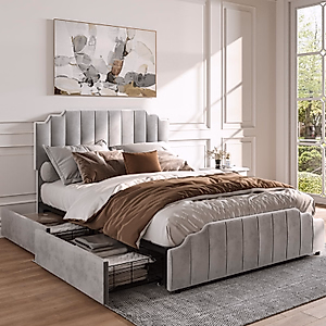 PaPaJet Queen Bed Frame with Storage Upholstered Platform Bed with 4 Drawers and Adjustable Headboard, Wooden Slats Support, No Box Spring Needed, Light Grey