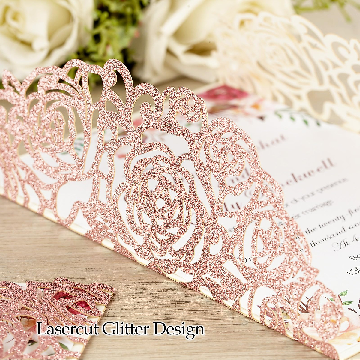 AdasBridal 50Pcs Pink Glitter Wedding Invitation Kit Laser Cut Hollow-out Personalized Wedding Invitations with Envelopes and RSVP Cards for Quinceanera Birthday Baby Shower Anniversary