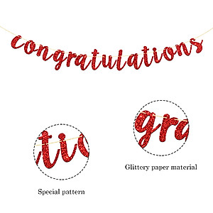 Red Glitter Congratulations Banner for Happy Wedding, Anniversary, Graduation, Retirement Party Decorations Supplies