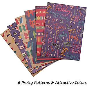 Larcenciel Birthday Wrapping Paper, 6 Sheets Kraft Gift Wrapping Paper with Cut Lines on Reverse, Happy Birthday Wrapping Paper for Boys Girls, Stars Gift Wrap for All Birthday,Baby Shower,27.5x19.6in