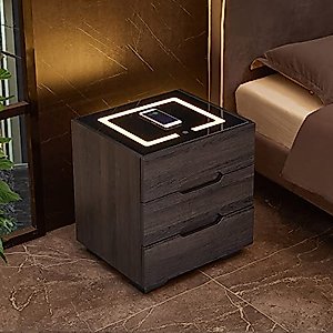 OLD CAPTAIN Nightstands Wireless Charging Station and LED Lights, Modern End Side Table with 3 Drawer Nightstand Storage Cabinet for Bedroom (1, Dark Brown)