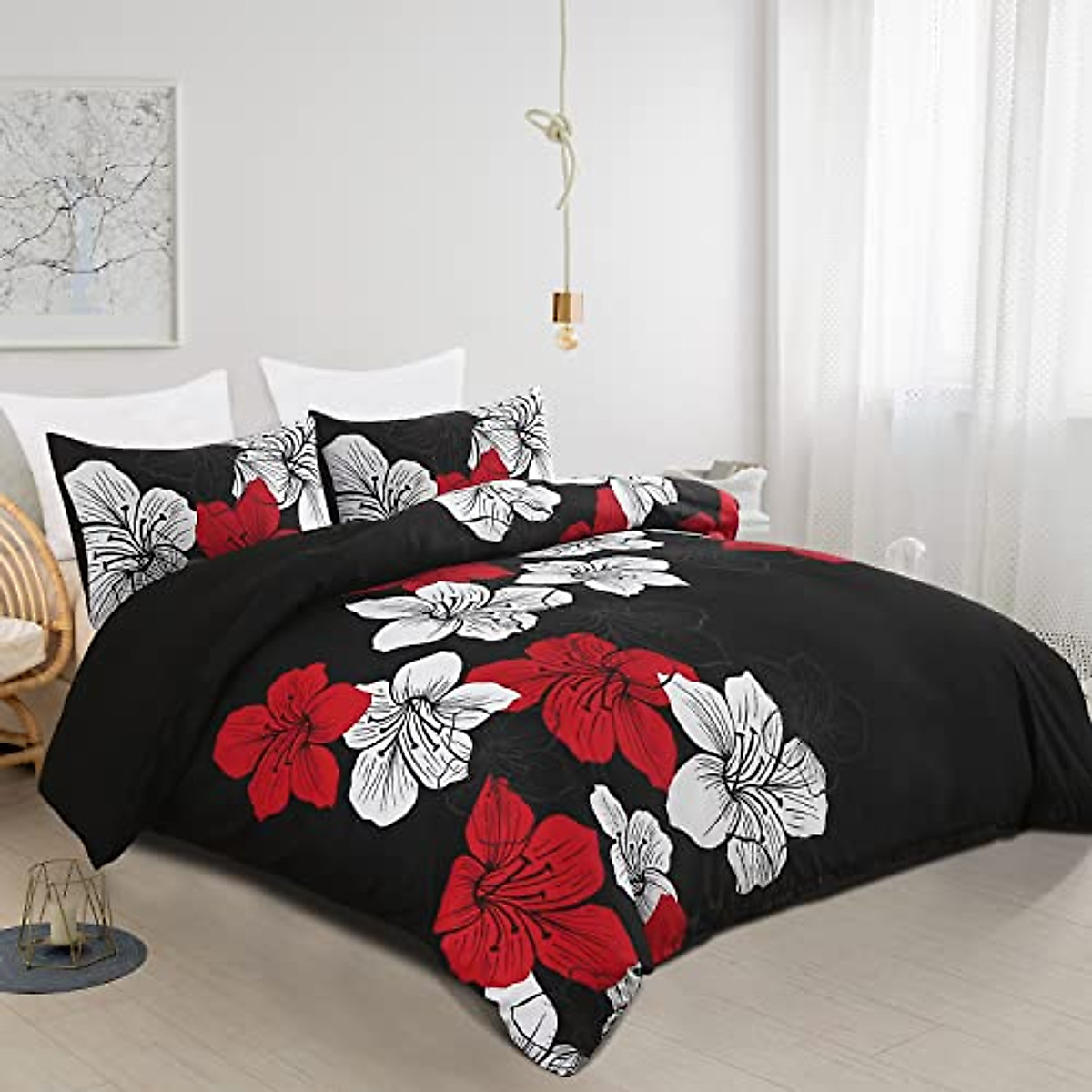 3 Pieces Duvet Cover Set Queen Red Floral Pattern Comforter Cover Elegant Boho Floral Duvet Cover with 2 Pillow Cases Lightweight Microfiber Bedding Duvet Cover Set All Season (Black, 90"x90")