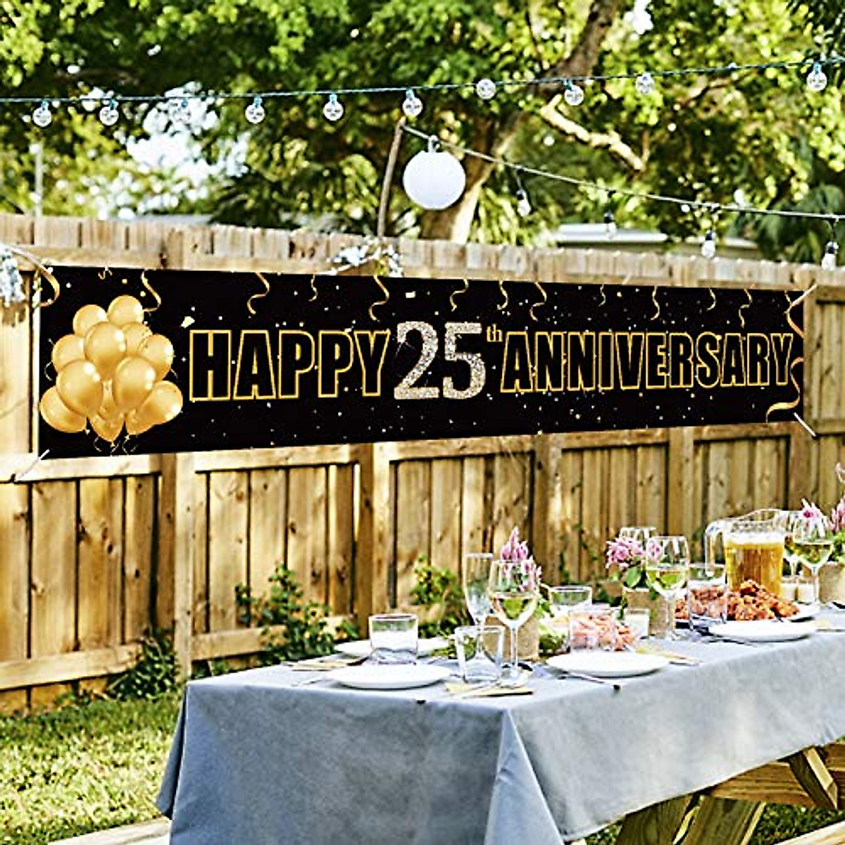 Yoaokiy Happy 25th Anniversary Banner Decorations Supplies, Large 25 Year Wedding Anniversary Party Sign, Black Gold 25 Years Anniversary Backdrop Photo Props for Outdoor Indoor(9.8x1.6ft)