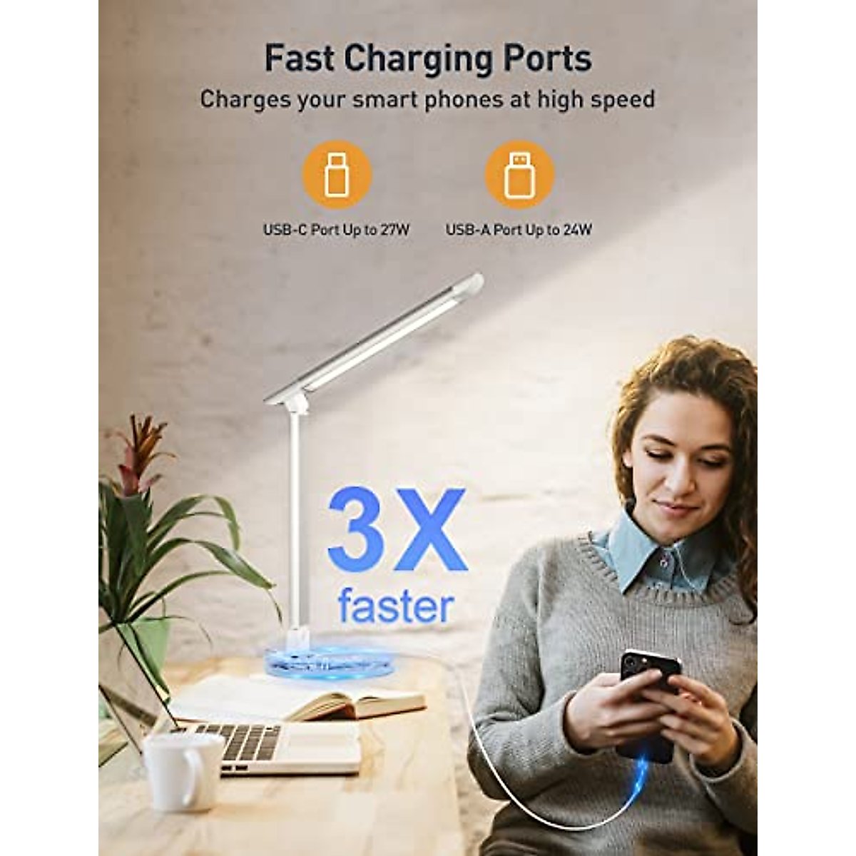 Desk Lamp, Dimmable Desk Light with USB Charging Port, Led Desk Lamp with 10 Brightness Levels & 5 Color Temperature, Touch Control, Adjustable Arm, Eye-Caring for Home Office Bedroom Reading