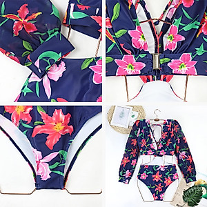 tengweng Women's Puff Long Sleeves One Piece Swimsuit Rash Guard V-Neck Bathing Suit