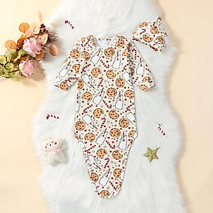 Infant Newborn Baby Girls Floral Sleep Gown Headband Sleepwear Romper Sleeping Bags Outfits (0-3 Months,Candy Cane&Cookie)