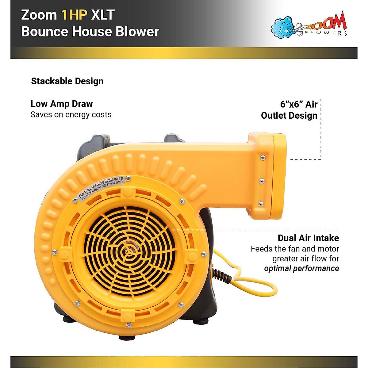 Zoom Blowers XLT 1hp Inflatable Bounce House Blower Fan, Energy Efficient, Commercial Electric Low Amp Draw Air Blower for Inflatables, Water Slide, Bouncy House, or Obstacle Course for Kids