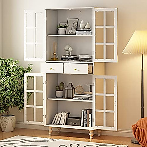 ECACAD 4-Tier Tall Bookcase Storage Cabinet with 4 Glass Doors & 2 Drawers, Wooden Bookshelf Display Cabinet for Living Room, Office, White (31.5”L x 15.7”W x 72.4”H)