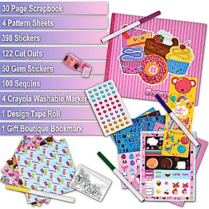 Crayola Scrapbook Activity Craft Kit, Mess Free Journal Set for Kids, Drawing Art Supplies Included Scrapbook, Pattern Sheets, Cut Outs, Gem Stickers, Sequins, Crayola Washable Markers, Tape and