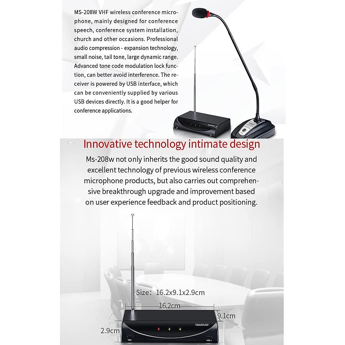 Takstar MS-208W VHF Wireless/Wired Professional Conference Microphone System, Gooseneck Table Desktop Cardioid Condenser Microphone for Meeting, Church, Live Presentation, Speech