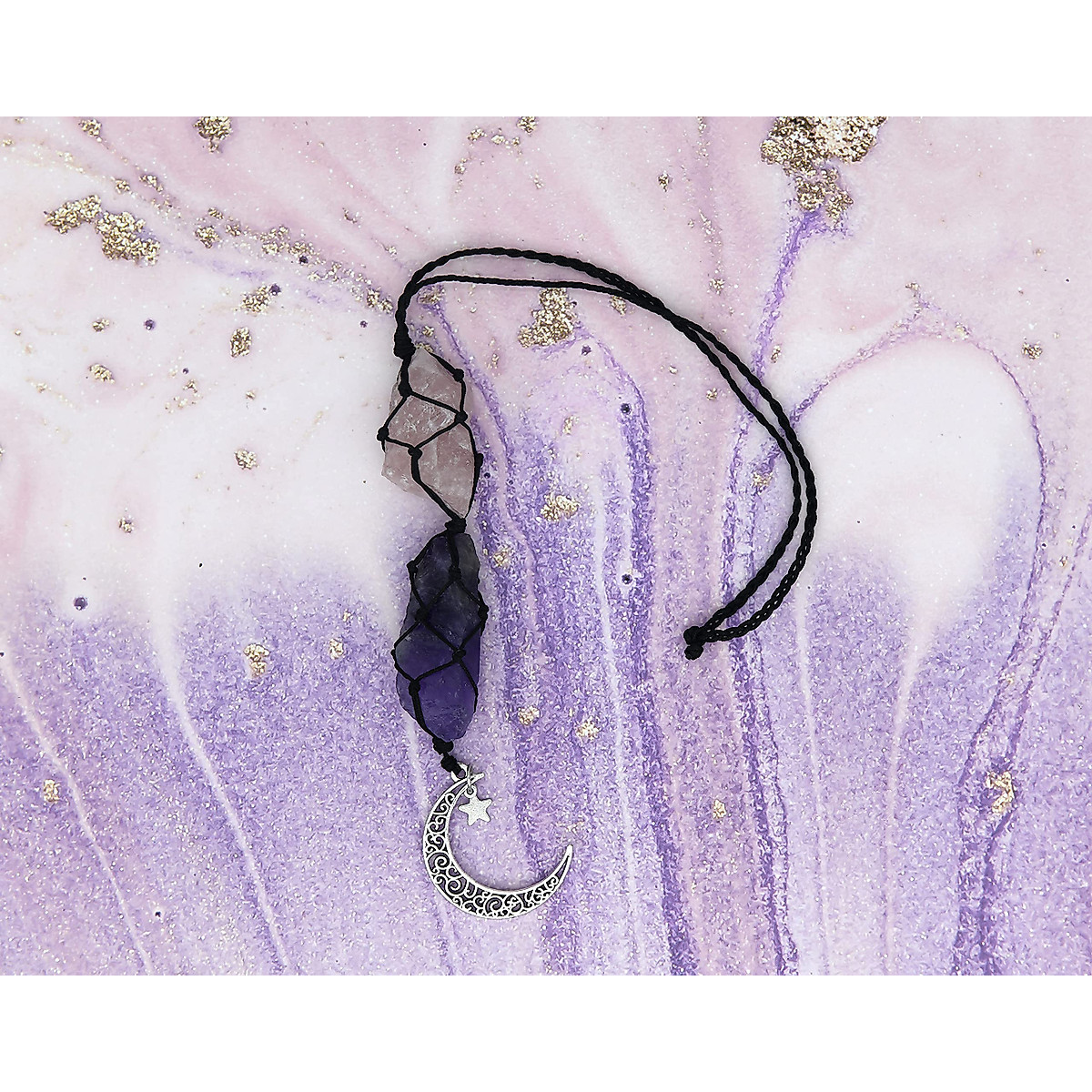 BOHO GARDEN Hanging Car Charm - Rose Quartz, Amethyst - Dangling Moon, Healing Crystal Accessories, Rearview Mirror Decorations - Love, Connection, Self-Worth, Balance, Intuition, Spirituality, Energy